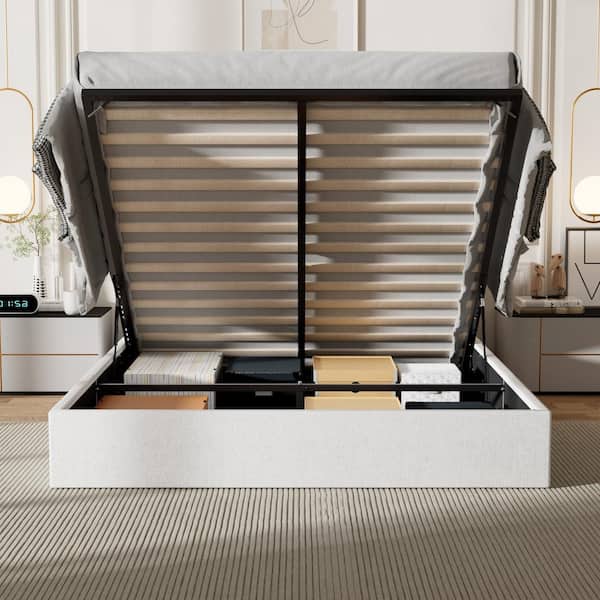 White Plywood Frame Full Size Linen Upholstered Platform Bed with Lifting Storage