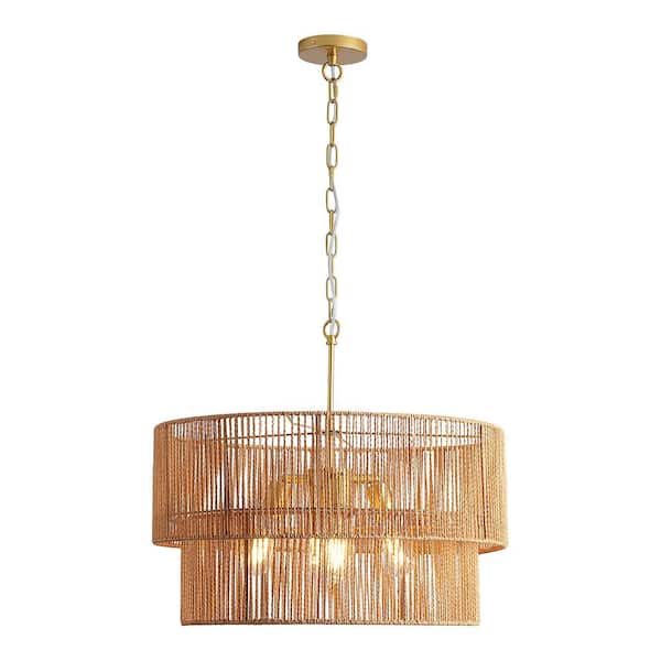 BeamBox 23.62 in. 5-Light Gold Woven Paper Rattan Chandelier, 2-Tier ...
