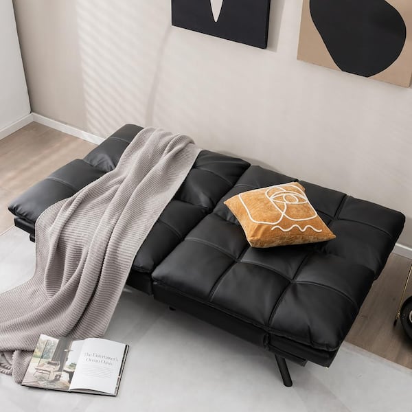 72 in. Black Leather Twin Size 2 Seat Sofa Bed with Adjustable Armrest Black