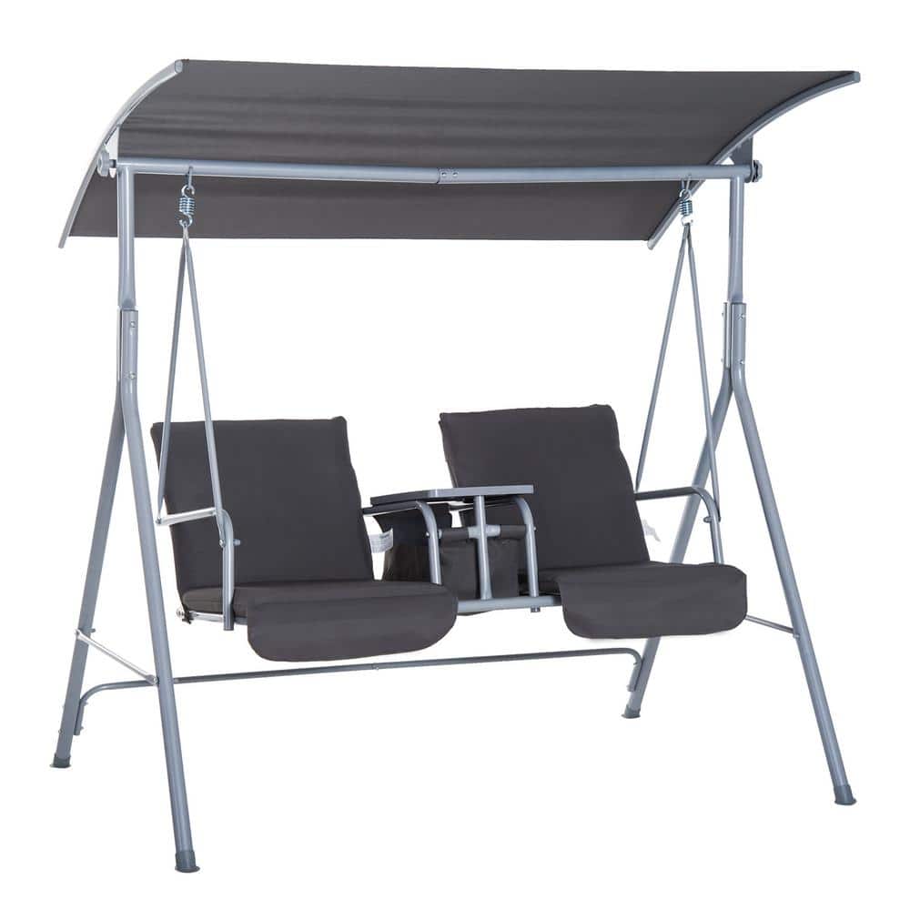 Huluwat 69 in. 2-Person Gray Metal Frame Patio Swing with Canopy ...