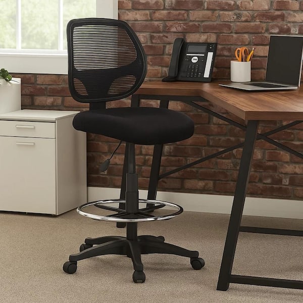 Benjara Lem Fabric Footring Ergonomic Office Stool in Black and Chrome ...