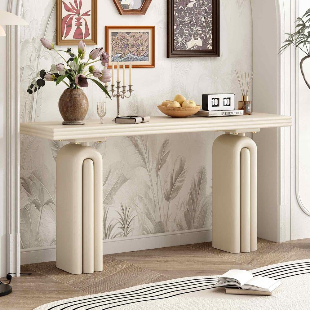 Polibi 60 in. Beige Rectangle Wood Console Table Entryway Table RS519 ...