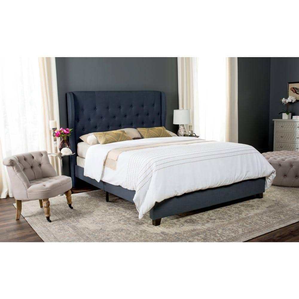SAFAVIEH Blanchett Navy Blue Full Upholstered Panel Bed Frame FOX6213B ...