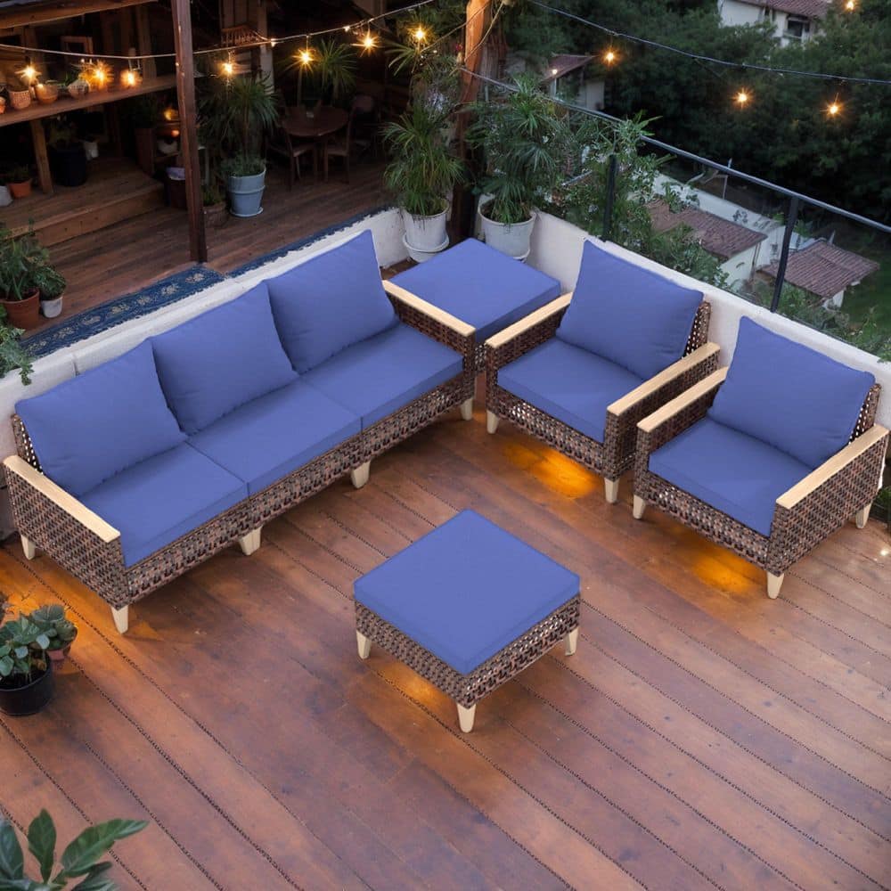Blue High Footed Hollowed Out Rattan Terrace Furniture Set, Meta ...