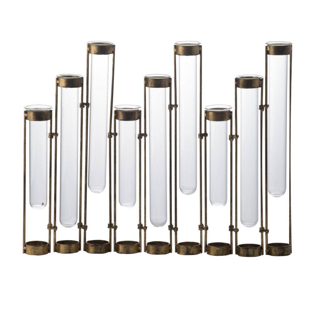 Benjara Bronze Cylinder Glass Accent Vase with Iron Frame and 9 Slot ...