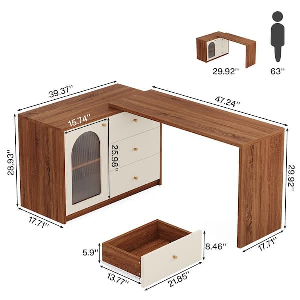 BYBLIGHT 82.67 in. L Shaped Walnut and Beige Engineered Wood BYBLIGHT 82.67 in. L Shaped Walnut and Beige Engineered Wood