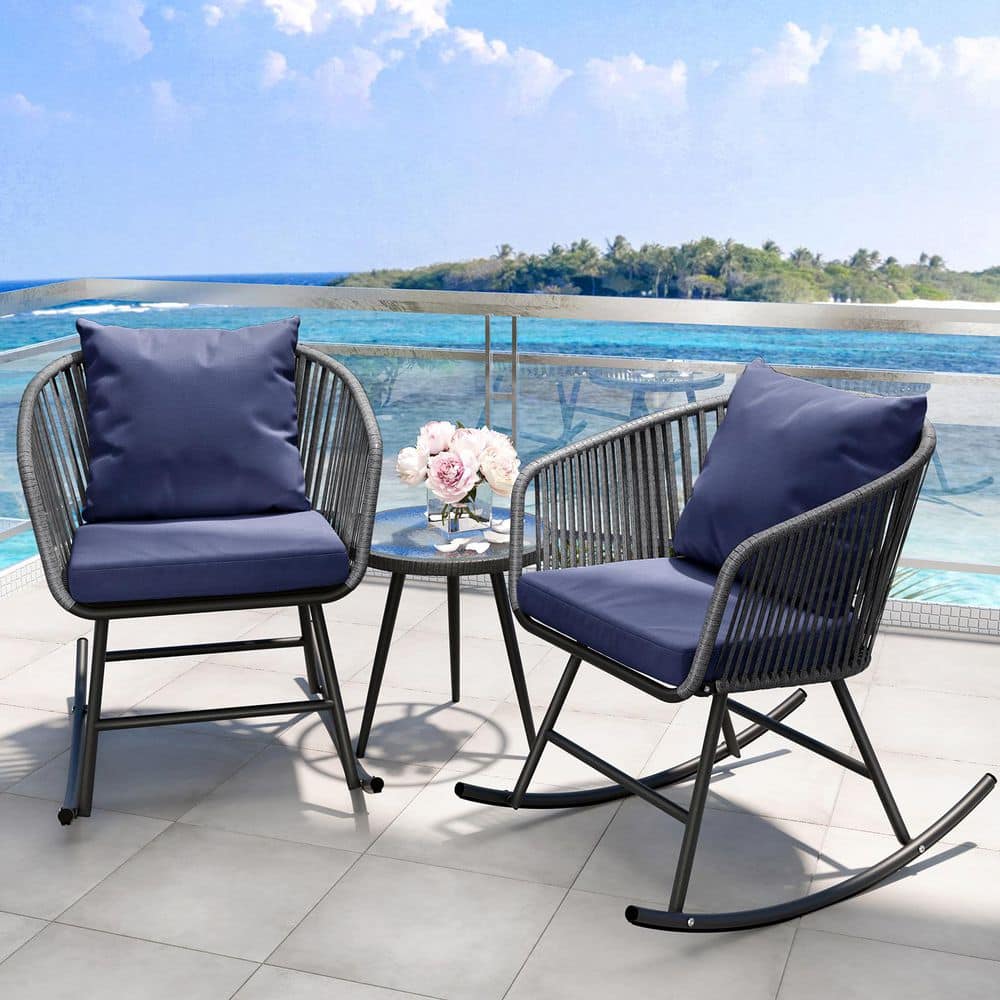 YIYEKE 3-Piece Wicker Outdoor Rocker Conversation Set with Blue Cushions HD-LRC-3PS-BLUE - The ...