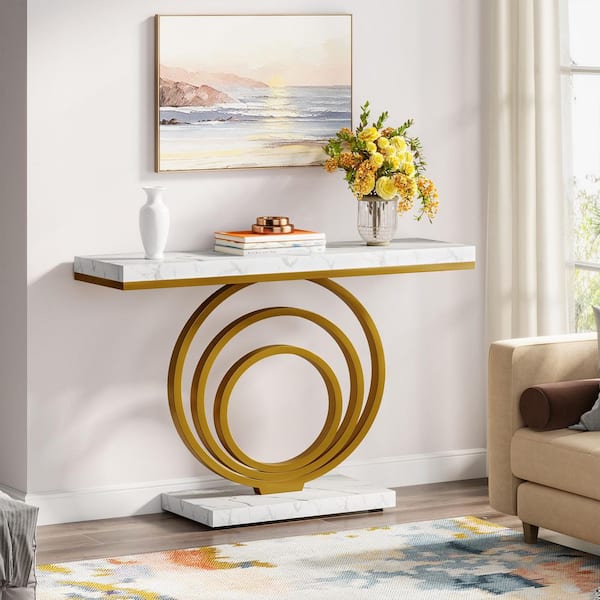 BYBLIGHT Turrella 41.3 in. White and Gold Rectangle Faux Marble Console ...