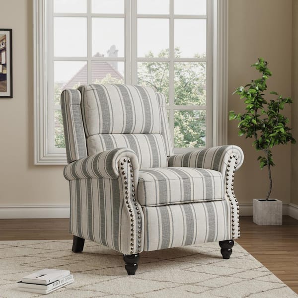 Uixe Gray Striped Linen Nailhead Trim Upholstered Recliner Uixe Gray Striped Linen Nailhead Trim Upholstered Recliner