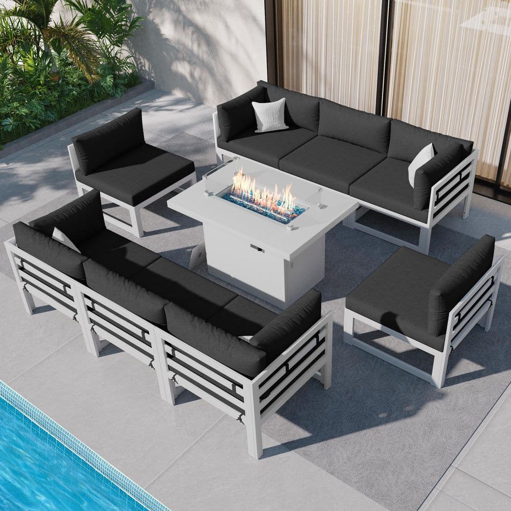 9-Piece Luxury White Aluminum Patio Conversation Fire Pit Set Sectional Deep Seating Set with ...