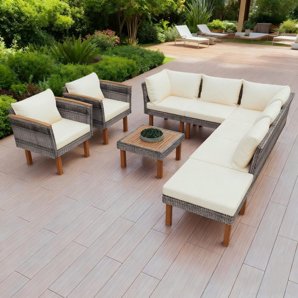 wayofatry 9-Piece Patio Wicker Outdoor Sectional Set with Acacia Wood ...