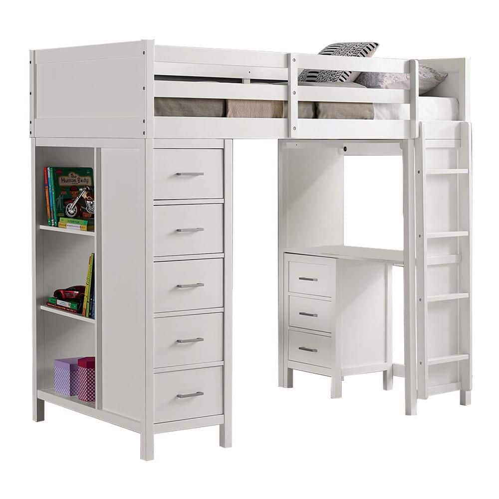 Nora White Twin Loft Bed with Bed Rails, Bookshelves, Drawers and ...