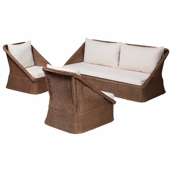 bali & pari Derris 3-Piece Peanut Brown Rattan and Fabric Living Room ...
