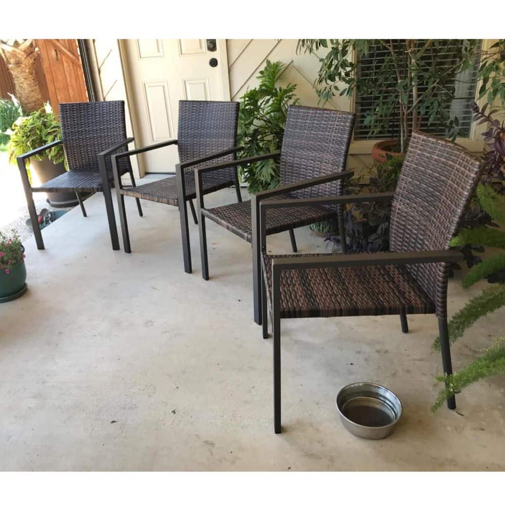 Stackable Wicker Outdoor Dining Chair with Armrests in Light Brown (Set ...