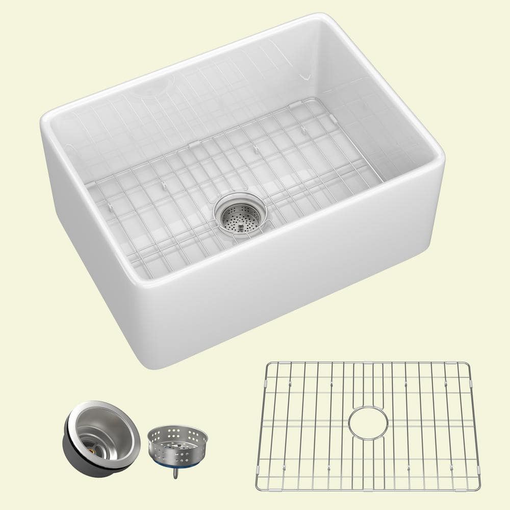 Zeafive Arco Fireclay Farmhouse Sink 24 in. White Kitchen Sink Single ...