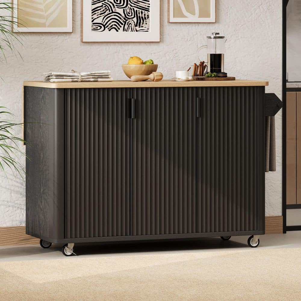 Reviews for Qualler Black Wood 51 in. Fluted Kitchen Island with Drop ...