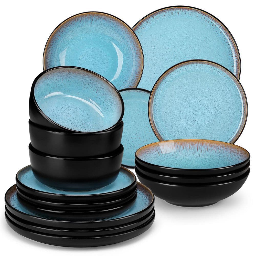 vancasso Series Amber 16-Piece Blue and Black Stoneware Dinnerware Set ...