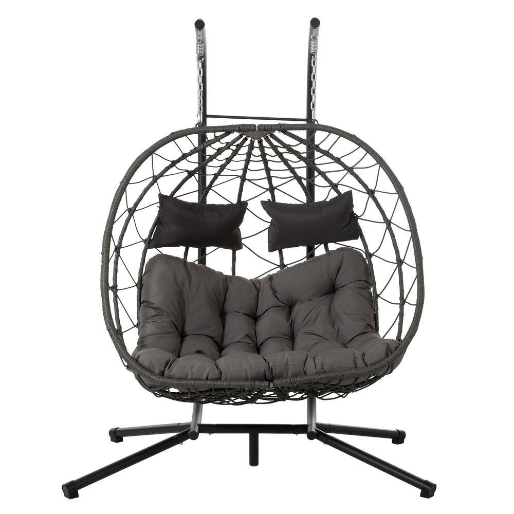 Zeus & Ruta 2-Person Metal Patio Swing Egg Chair with Stand, Dark Gray ...