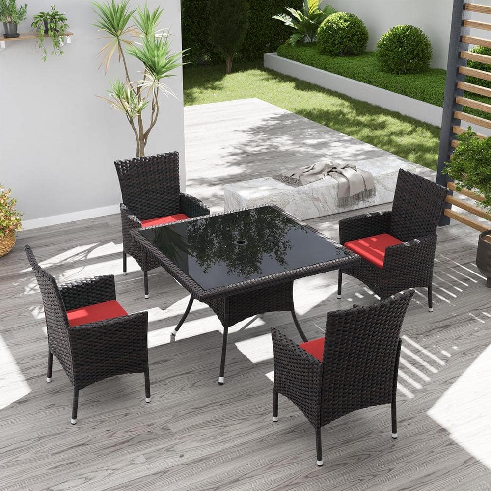 Halmuz 5-Piece Wicker Square Patio Outdoor Dining Set with Glass ...