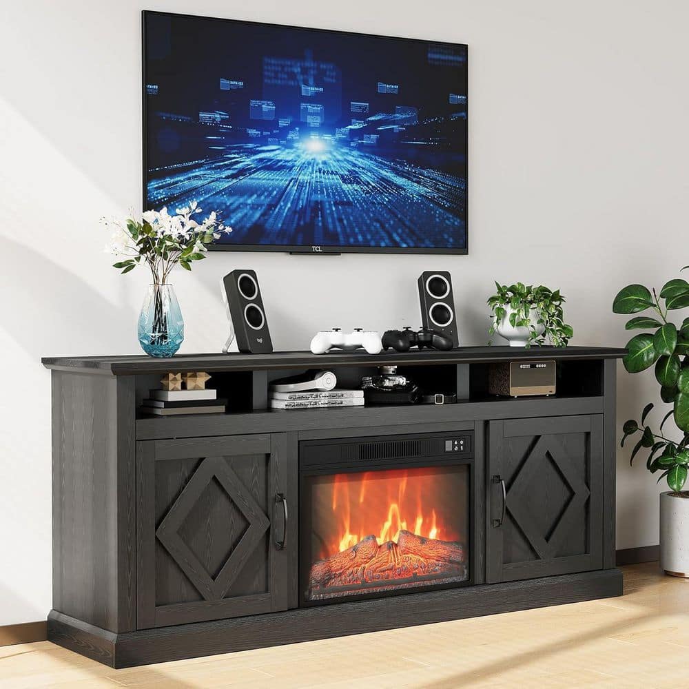 67 in. Freestanding 23 in. 3D Flame Electric Fireplace TV Stand in Gray ...