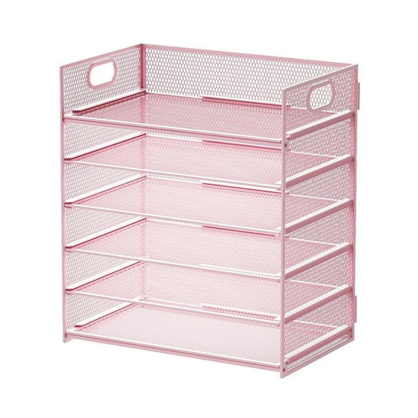 Pink 12.6 in. x 13.5 in. Metal Desk File Organizer with Handle ...