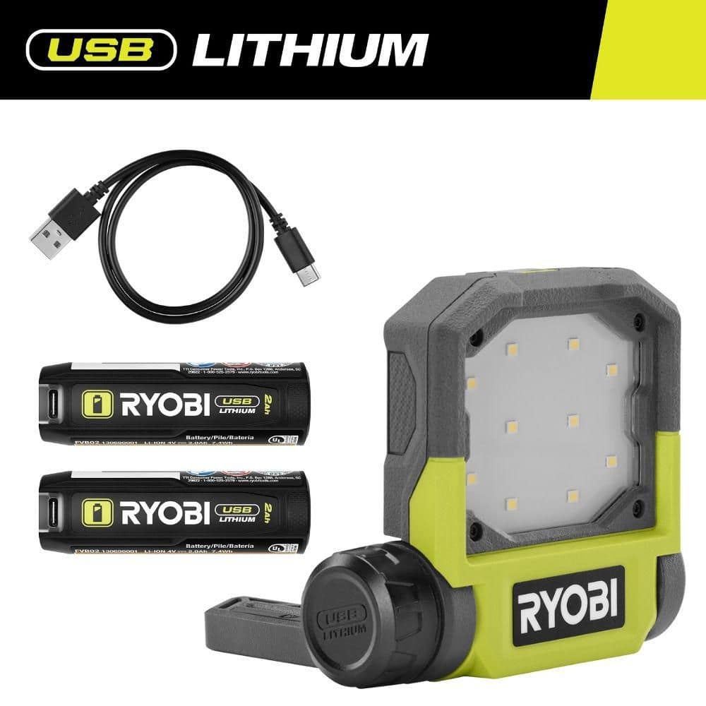 RYOBI USB Lithium Flip Light Kit with USB Lithium 2.0Ah Rechargable ...