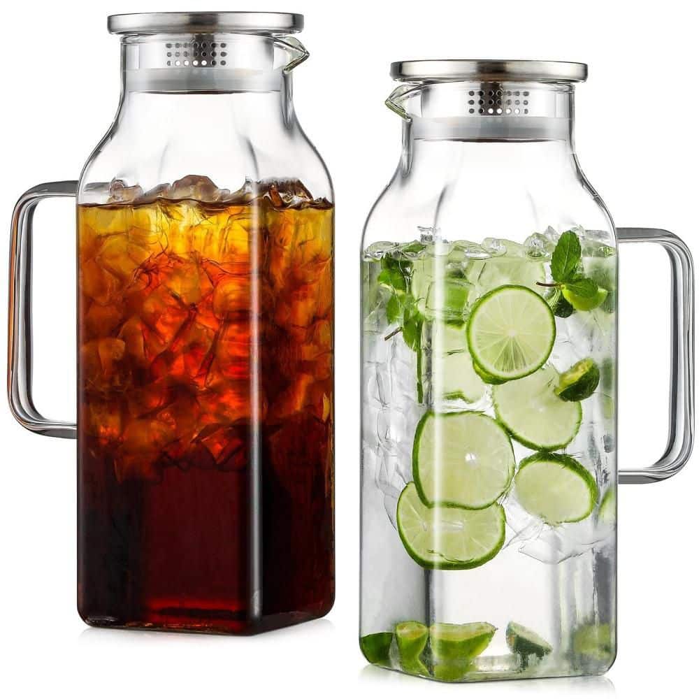 Numhew 68 oz. Square Glass Pitcher with Lid and Handle for Iced Tea and ...