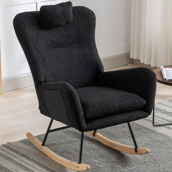 Clihome 35.5 in. Black Rocking Chair with Pocket, Soft Teddy Fabric ...