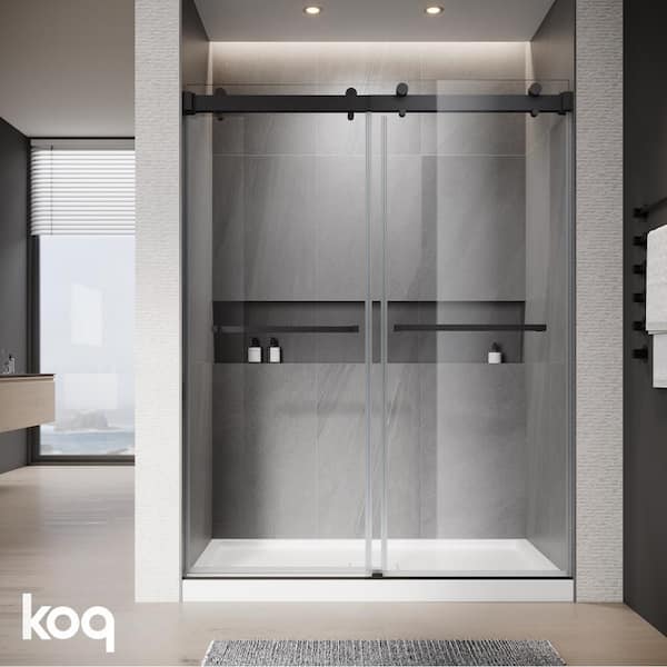 KOQ 72 in. W x 76 in. H Soft Closing Double Sliding Frameless Shower Door in Matte Black with 3/ ...