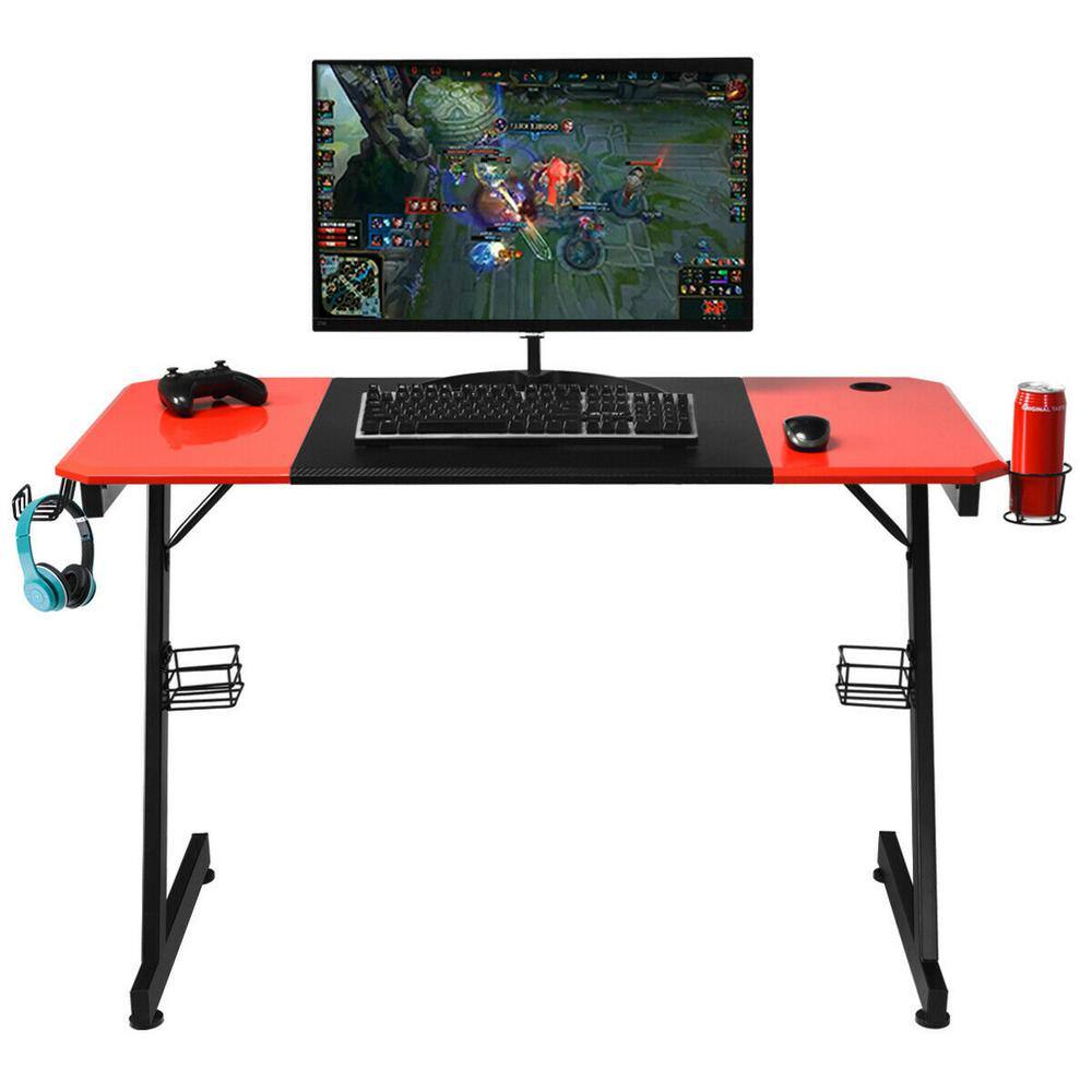 FORCLOVER 47 in. Rectangular Red and Black Wood Computer Desk with Cup ...