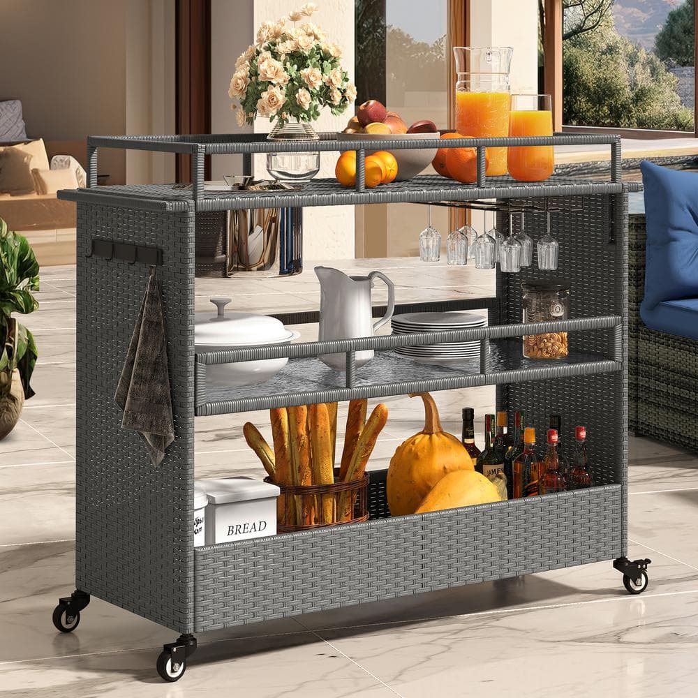 DEXTRUS Natural Wicker Patio Outdoor Grey Bar Cart with Ice Bucket ...