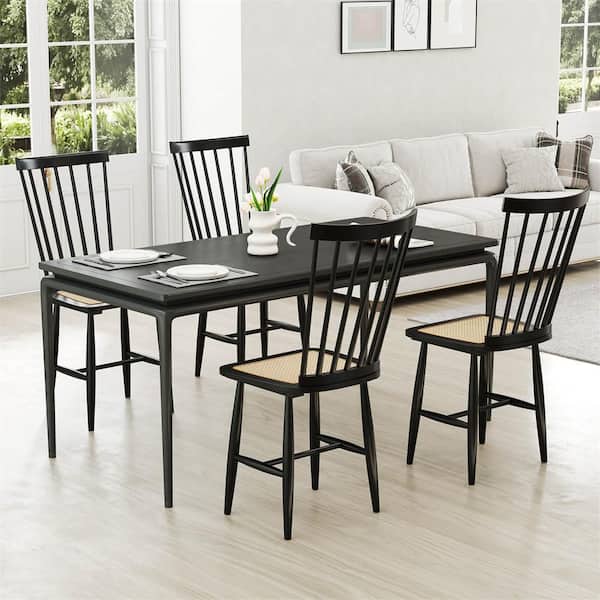 Costway Black Rattan Solid Wood Dining Chair Set of 2 with PE Rattan ...