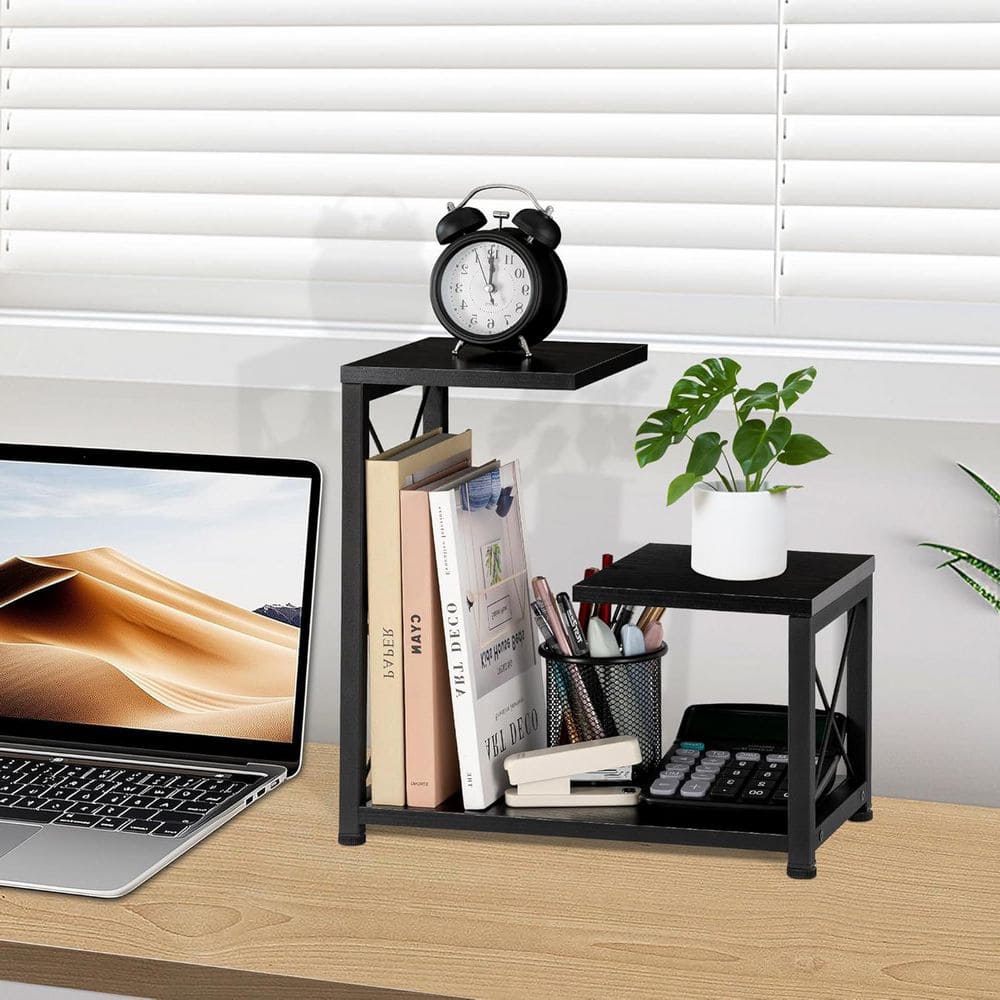 Black 13 in. x 13.2 in. Wood Desk Organizer Shelf with Metal Frame ...