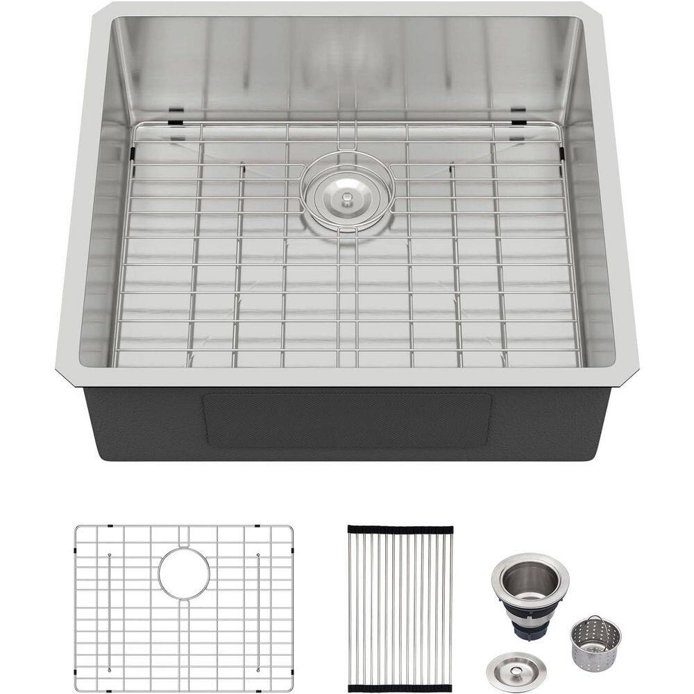 Logmey 25 in. Undermount Single Bowl 16-Gauge Brushed Stainless Steel ...