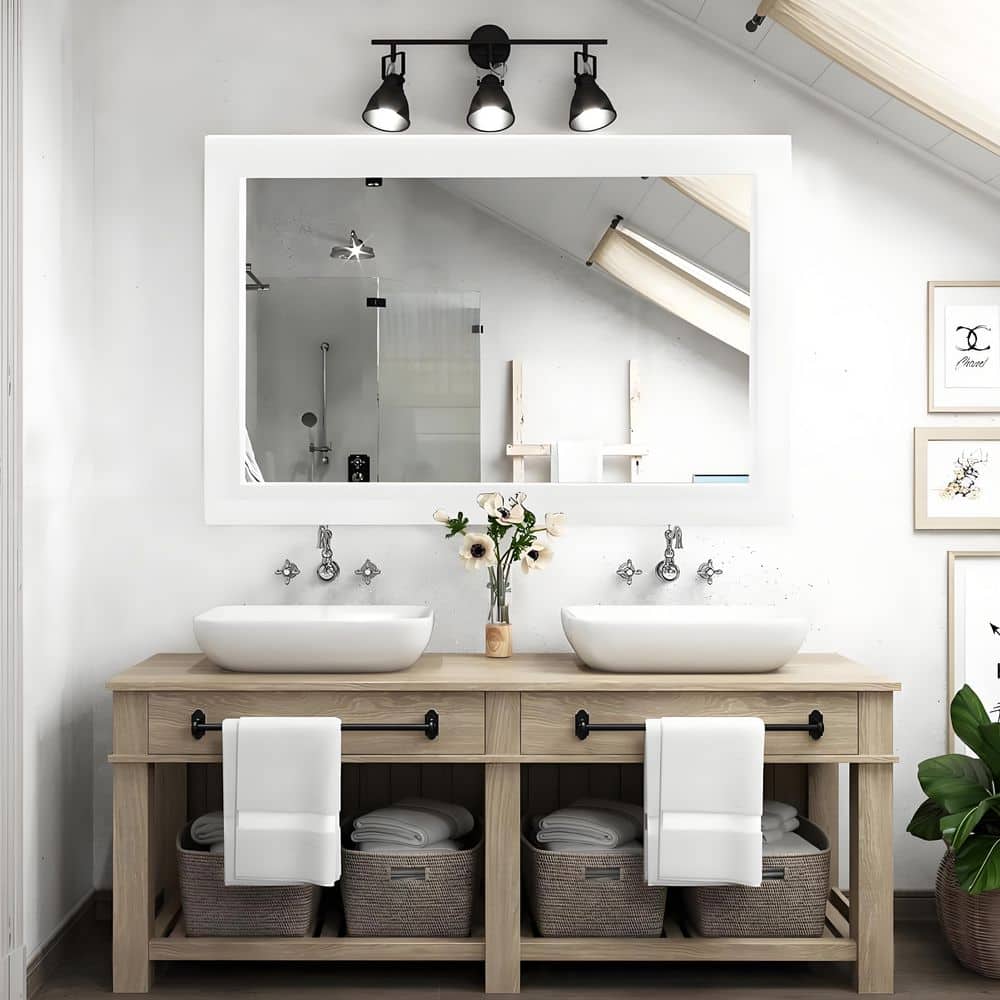 Sxiawe 36 in. W x 54 in. H Simple Rectangular White Wood Frame Bathroom ...