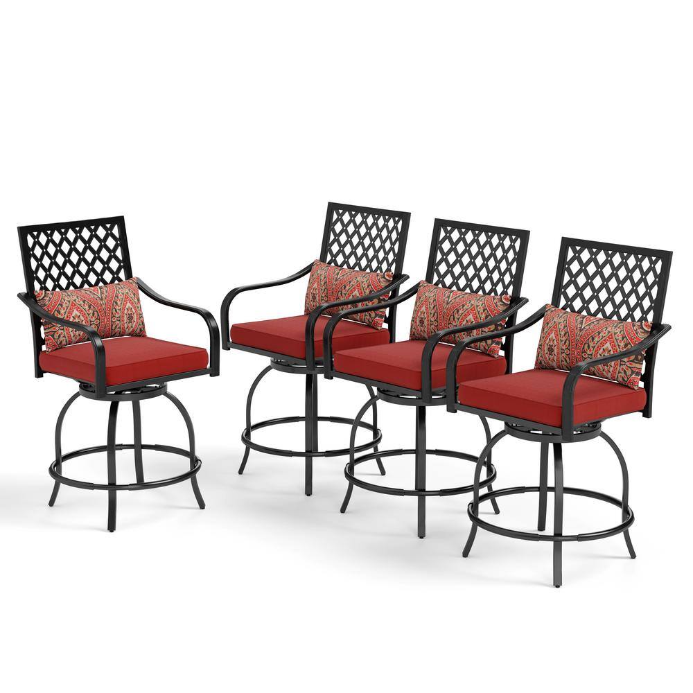 PHI VILLA Swivel Metal Outdoor Bar Stool with Red Cushion (4-Pack) THD ...