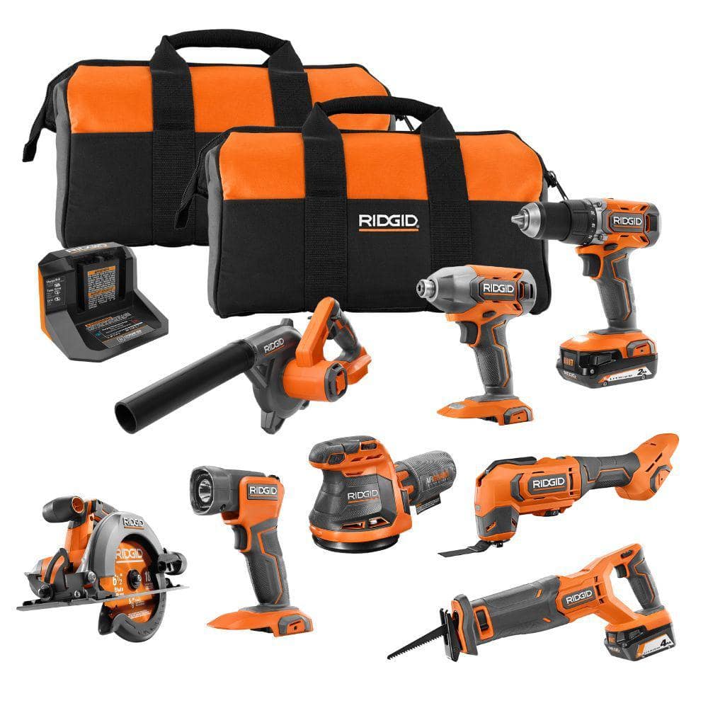 RIDGID 18V Cordless 8-Tool Combo Kit with 2.0 Ah Battery, 4.0 Ah ...