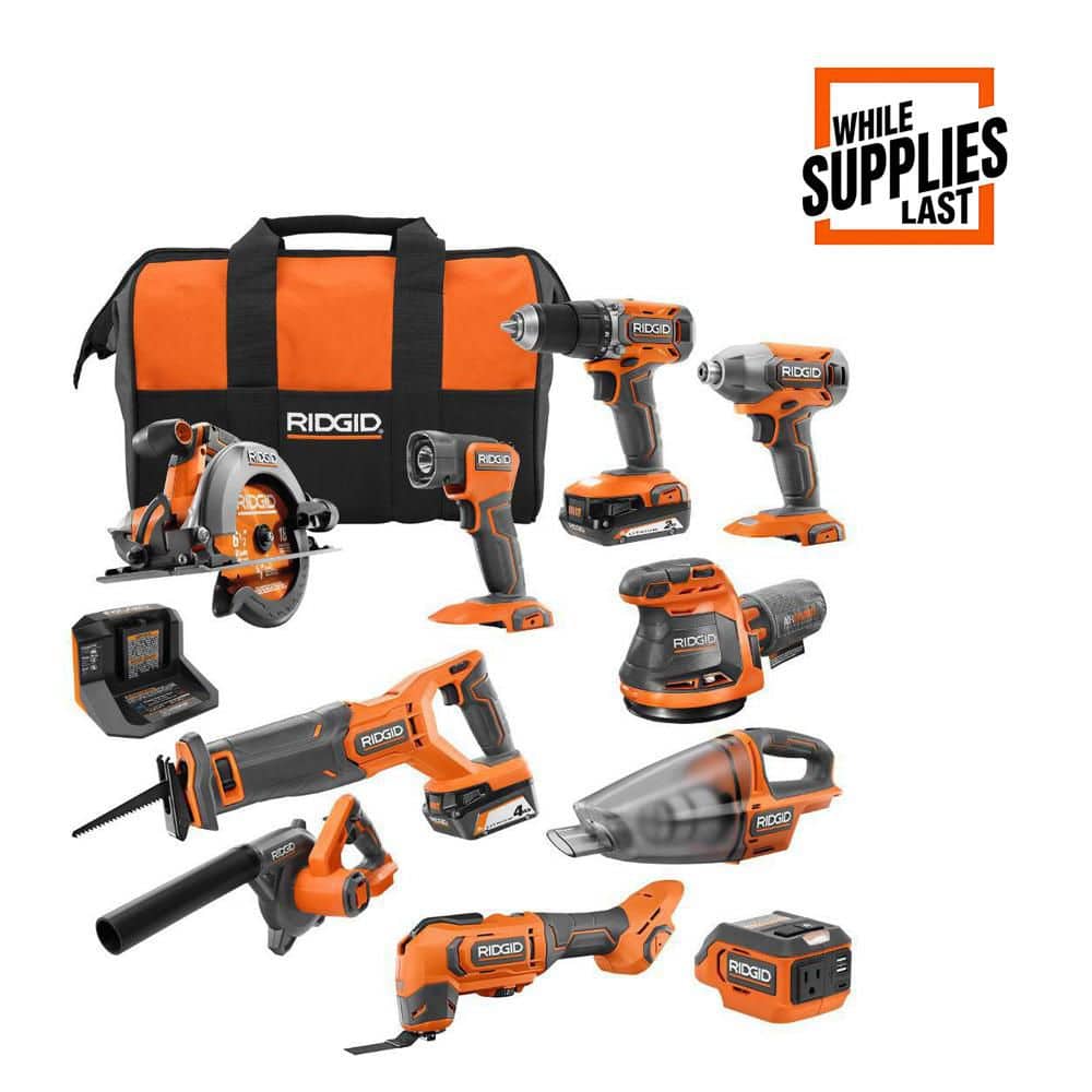 RIDGID 18V Cordless 10-Tool Combo Kit with (1)2 Ah Battery, (1)4 Ah ...