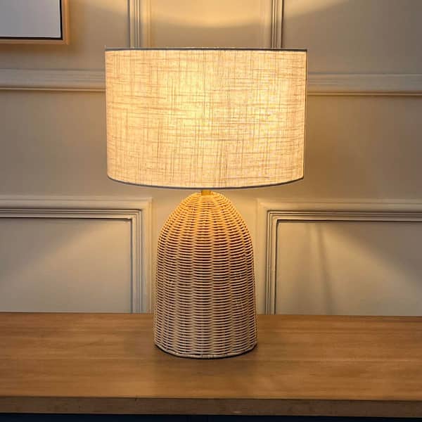 DANCYHOME 20 in. Natural Rattan Coastal Table Lamp with Beige Fabric ...