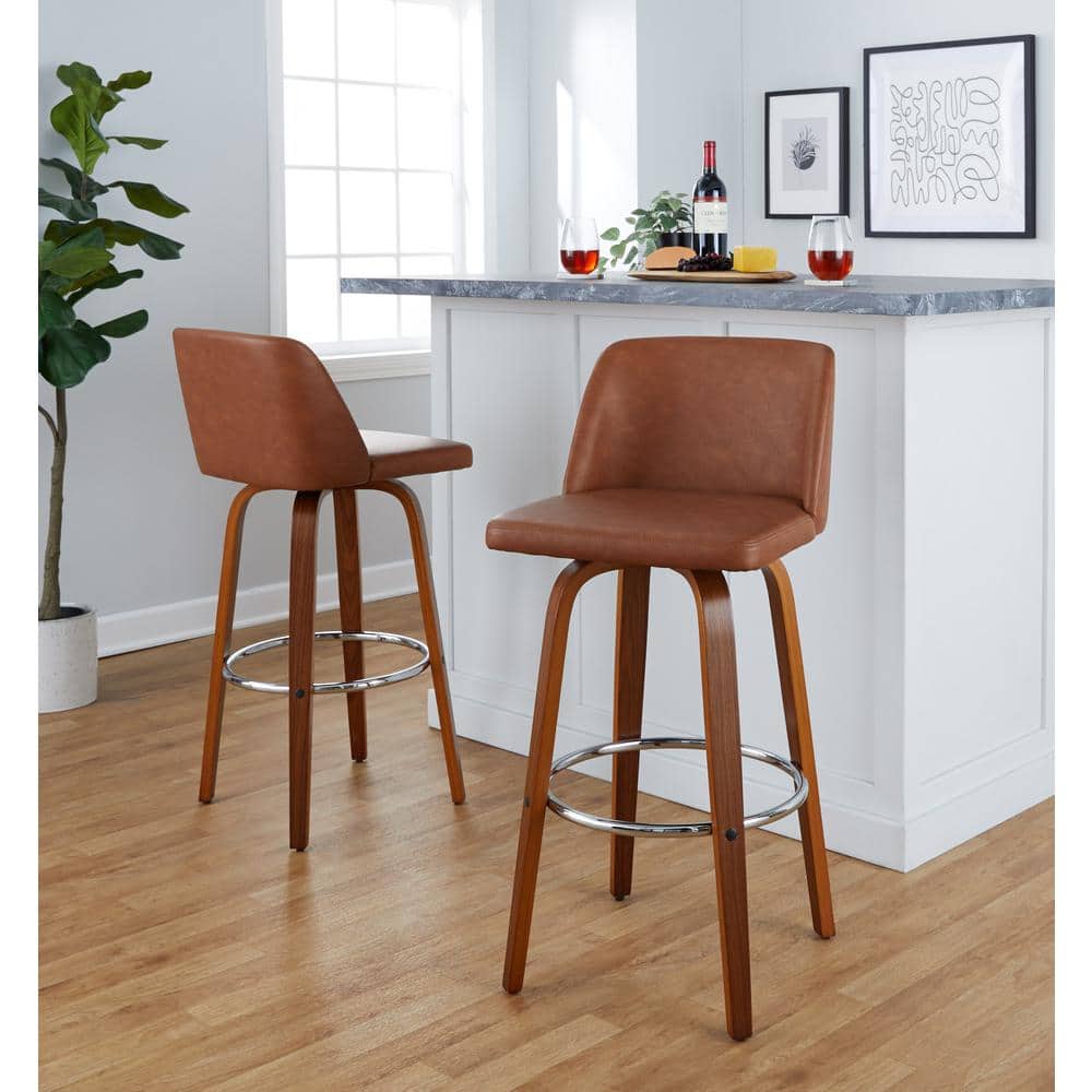 Lumisource Toriano 29.5 in. Camel Faux Leather, Walnut Wood, and Chrome ...