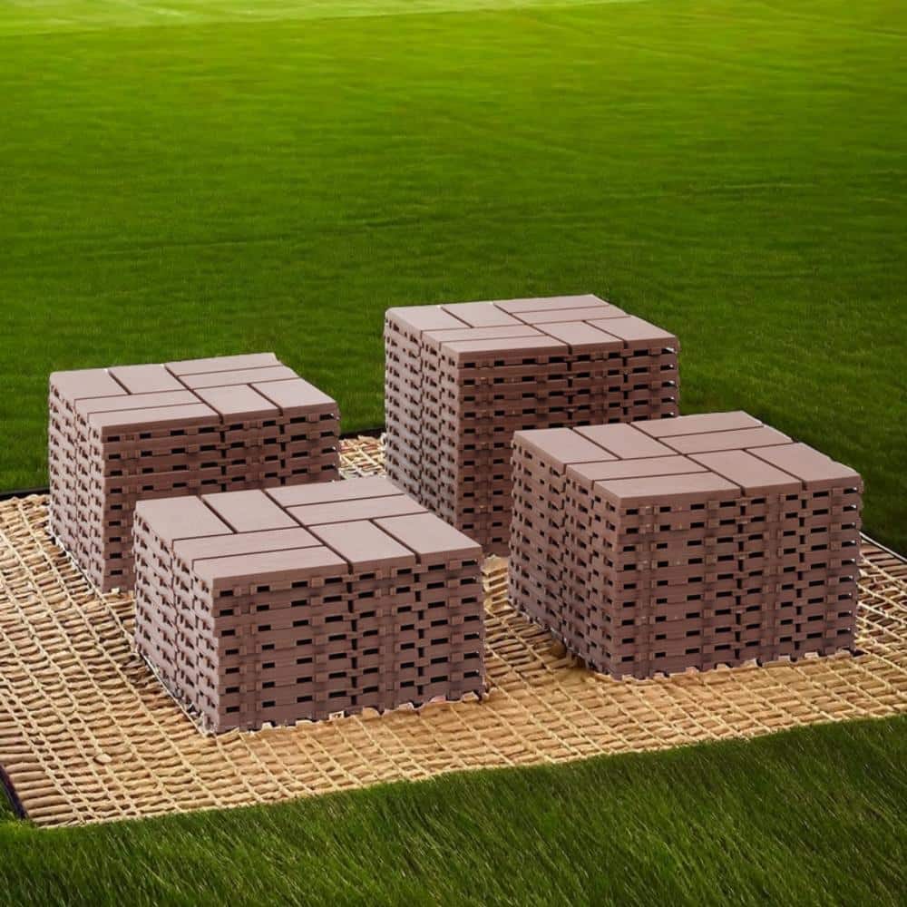 Afoxsos 1 ft. x 1 ft. Brown Plastic Interlocking Deck Tiles for ...