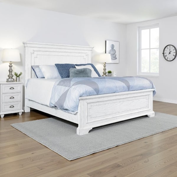 Benjara Lesy White Wood Frame King Panel Bed with Crown Molding Panel ...