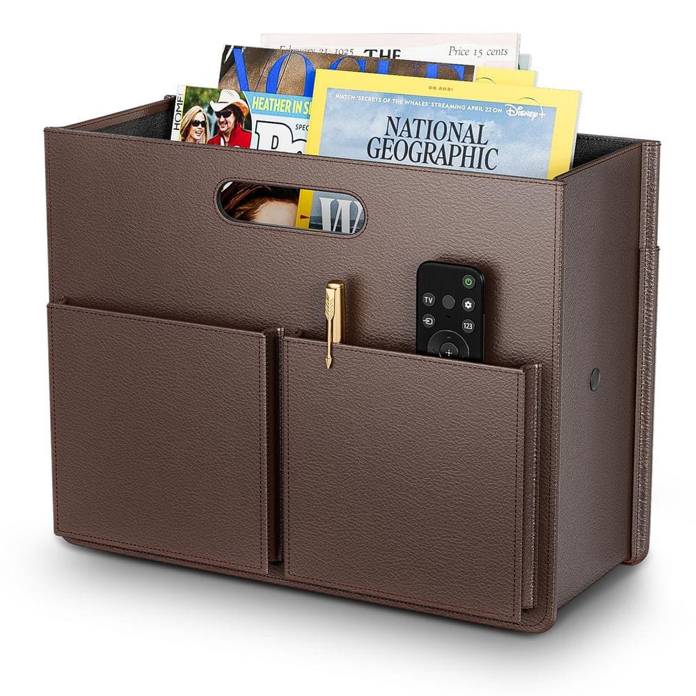 Brown PU leather magazine rack, 13.8 in. L x 5.9 in. W x 10.6 in. H ...