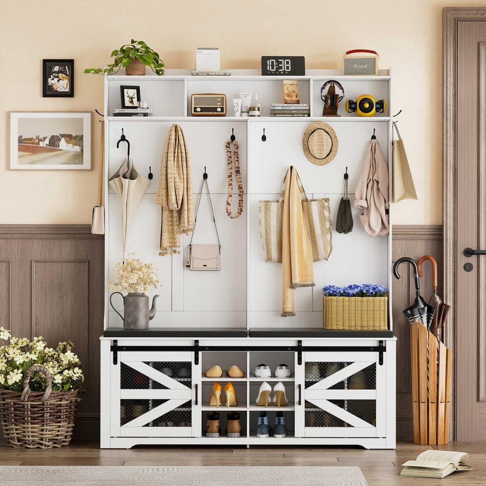 White 3-In-1 Hall Tree With Bench And Shoe Storage, Farmhouse Entryway ...