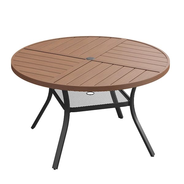 vicllax 47.2 in. Walnut Round Metal Outdoor Dining Table with Umbrella ...
