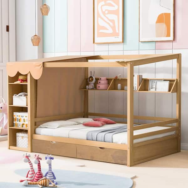 Qualler Natural Brown Wood Frame Full Size Canopy Bed with Wardrobe and ...