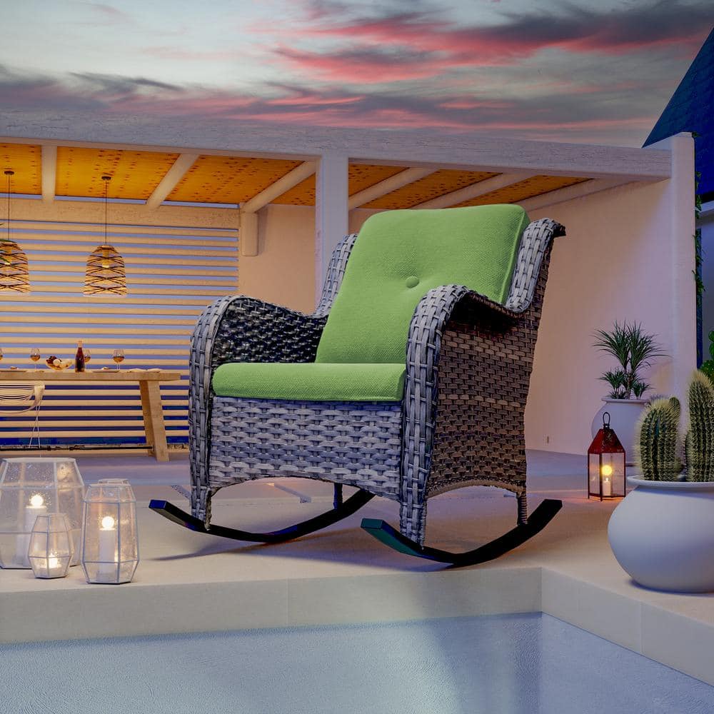 JOYSIDE Wicker Outdoor Patio Rocking Chair with Green Cushion M04T-GRN ...