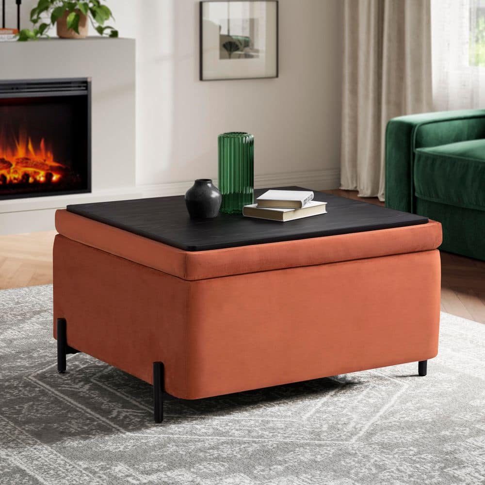Lifestyle Solutions Knoxville Rust Velvet Large Storage Ottoman ...