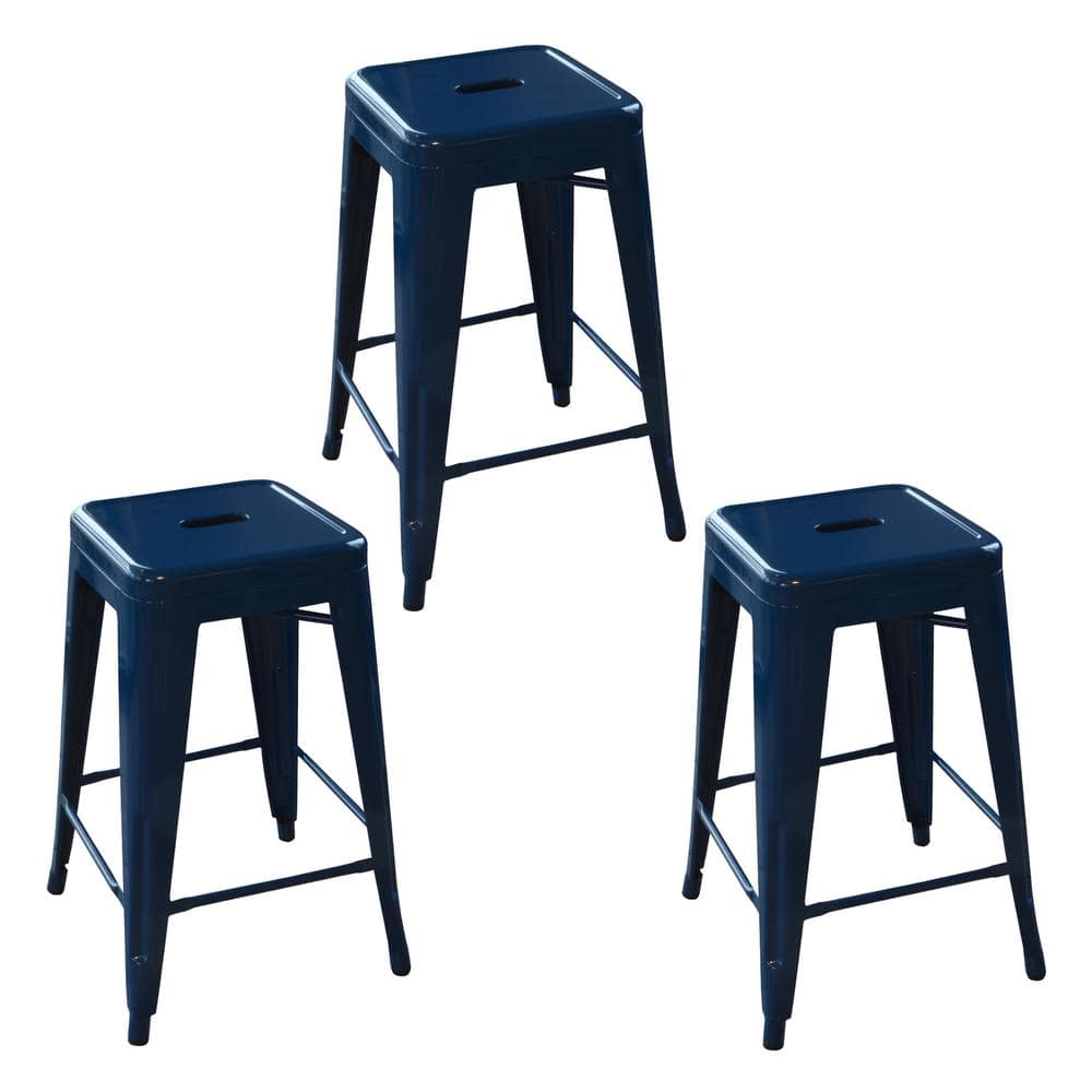 AmeriHome 24 in. Blue Metal, Backless, Stackable Bar Stool (Set of 3 ...