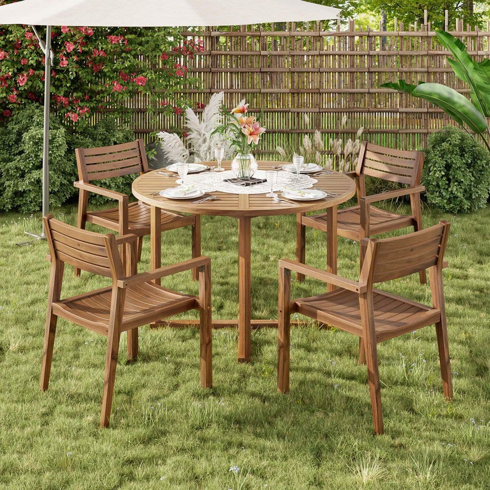 5-Piece Acacia Wood Outdoor Dining Set, 1 Round Dining Table, 4 Chair ...